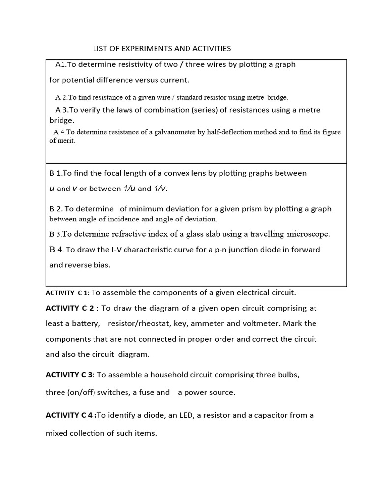 List of Experiments and Activities | PDF