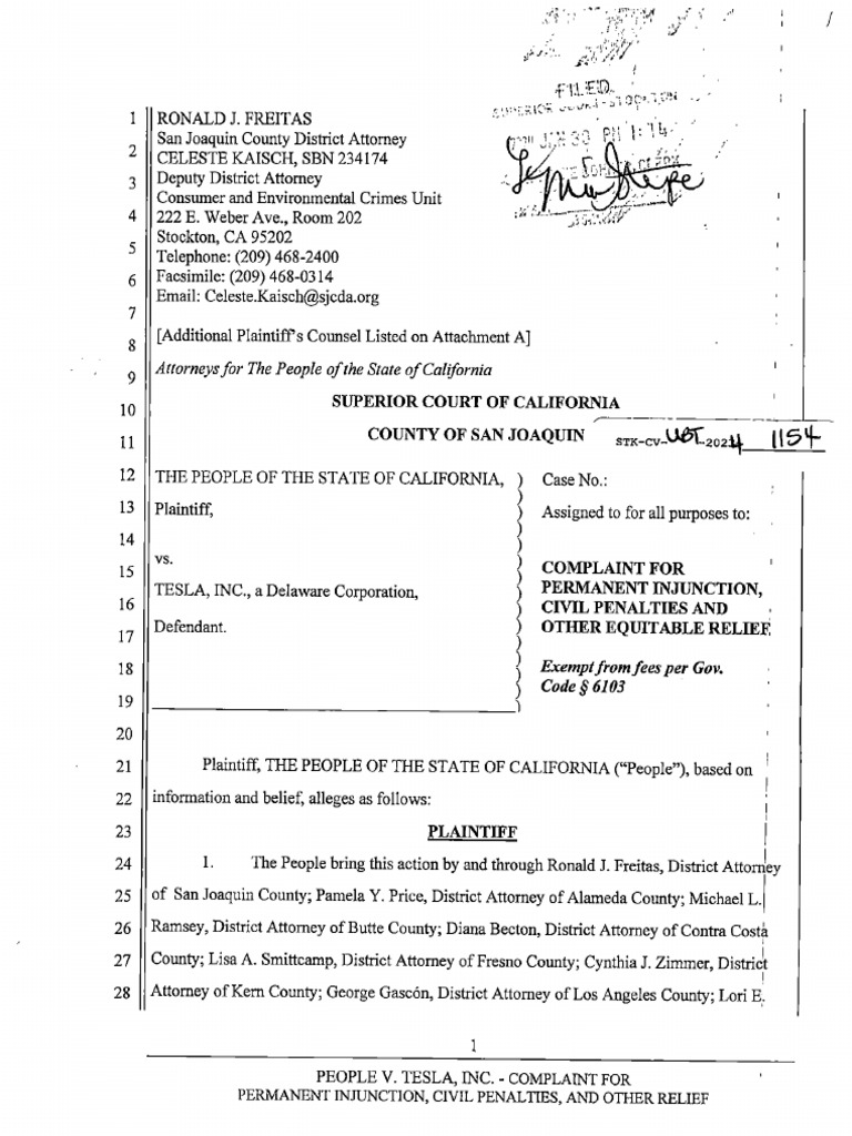 Tesla Hazardous Waste Lawsuit Complaint in San Joaquin County State ...