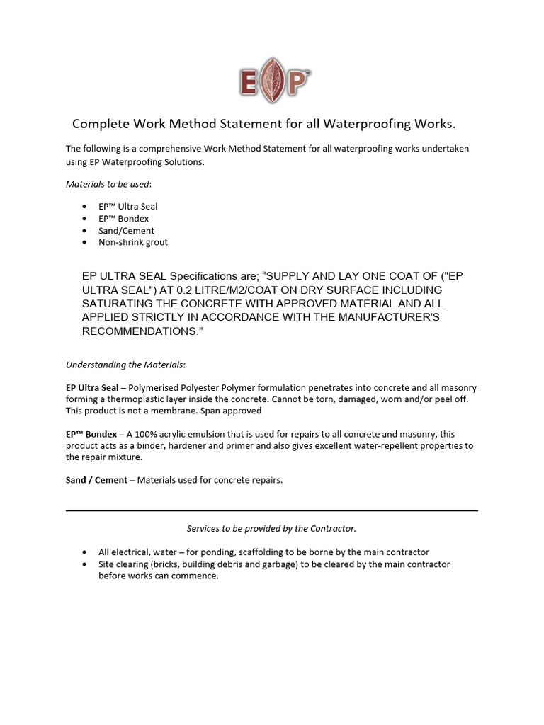 Complete Work Method Statement for all Waterproofing Works_2023 | PDF ...