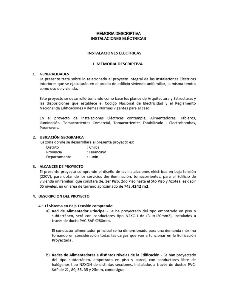 MEMORIA DESCRIPTIVA DE INSTALACIONES ELECTRICAS | PDF | Diodo emisor de luz | Ingenieria Eléctrica