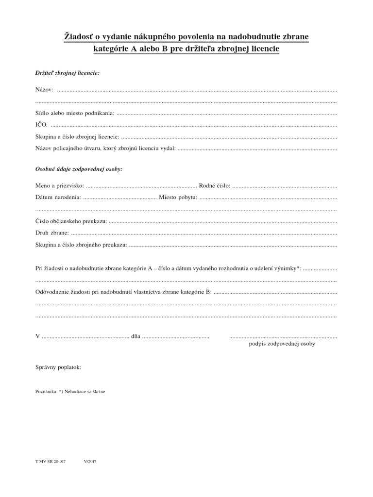 Ziadost o Vydanie Nakupneho Povolenia Na Nadobudnutie Zbrane Kategorie ...