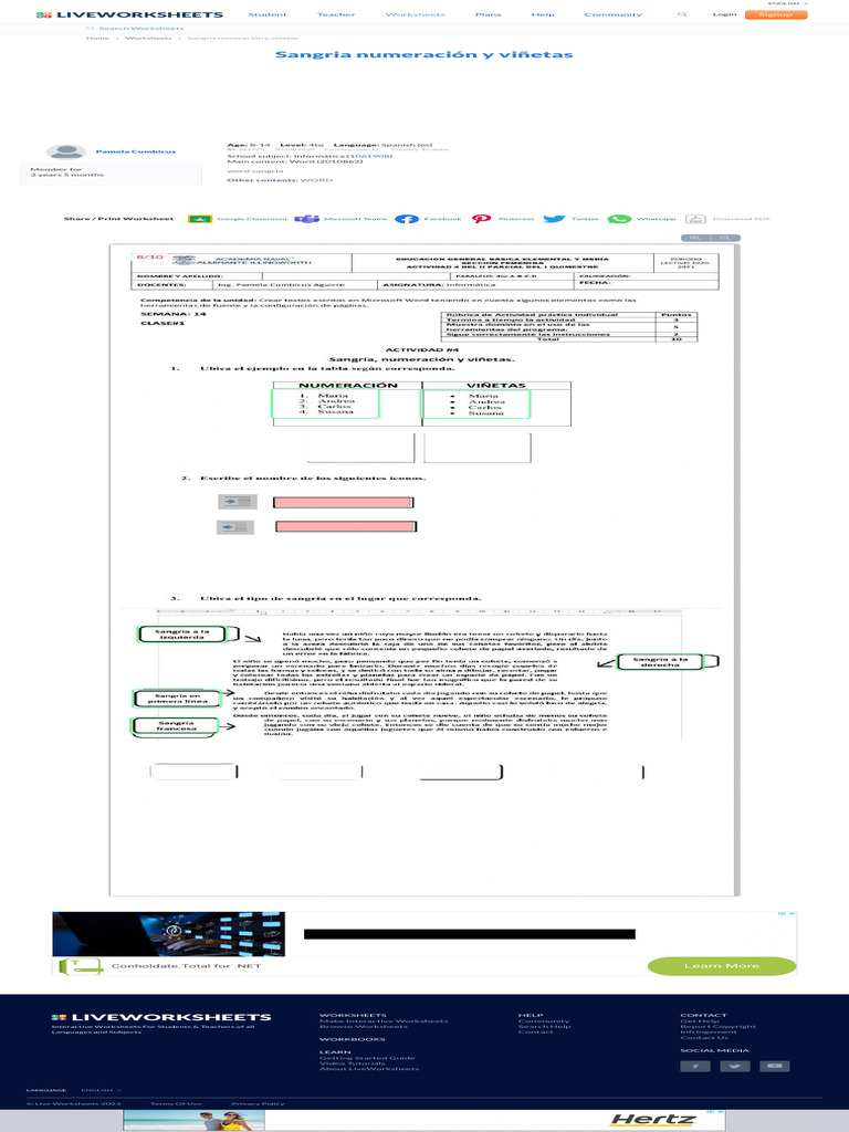 Sangria numeración y viñetas worksheet Live Worksheets | PDF