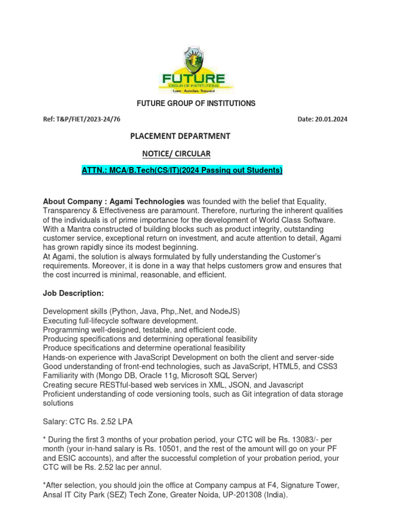 Agami Tech Placement Notice 2024 | PDF | Business