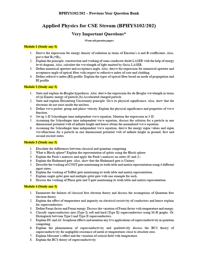 Important Questions - BPHYS102 - 202 | PDF | Waves | Diffraction