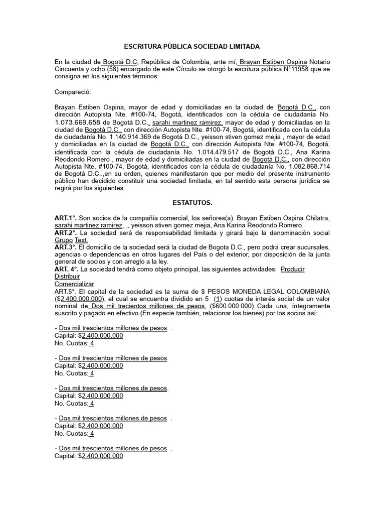 ESCRITURA SOCIEDAD LIMITADA Gaes 2 PDF Sociedad De Responsabilidad