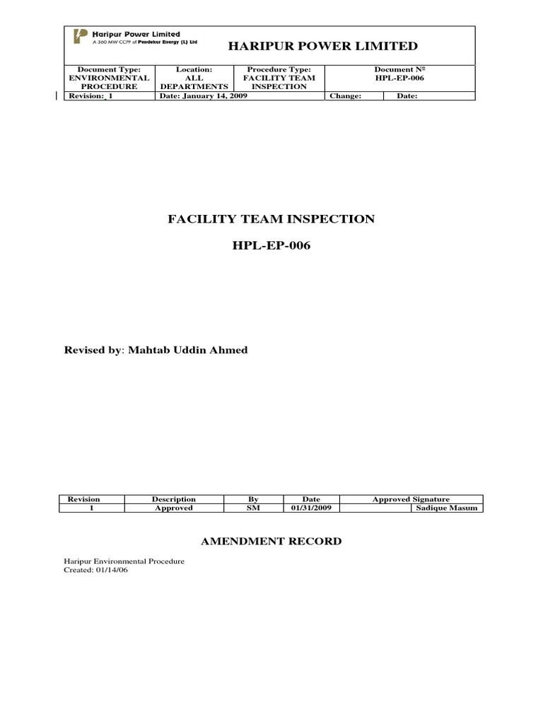 EP-006 Facility Team Inpection | PDF | Safety