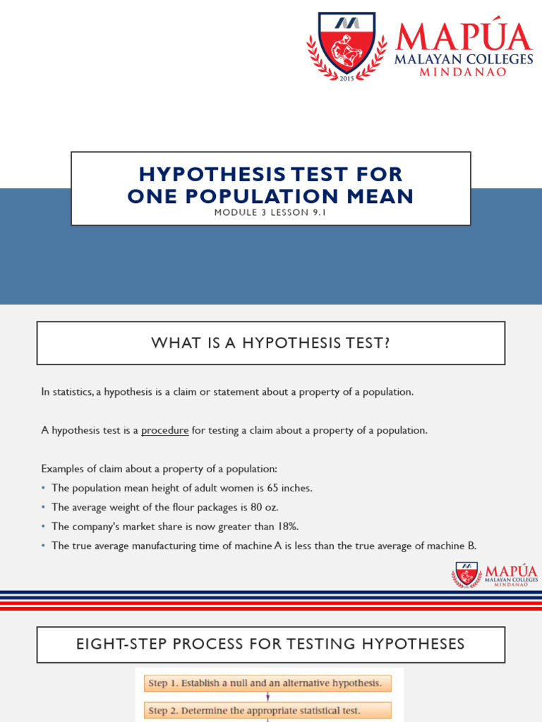M3 Lesson 9.1. Hypothesis Test For One Mean 1 | PDF