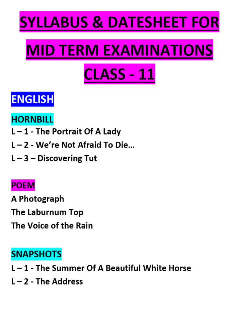 Class 11 Mid Term Exam Syllabus & Datesheet | PDF