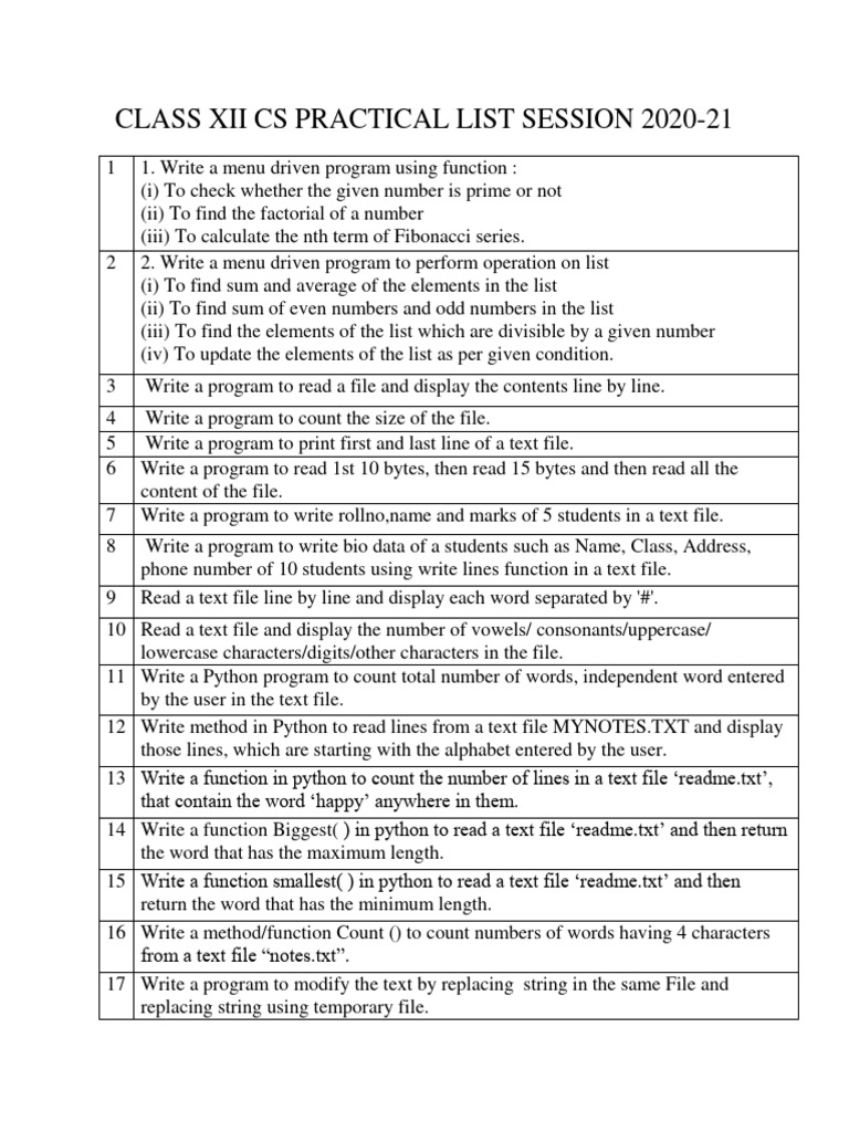 Class Xii CS Practical List Session 2020 | PDF | Computer File | Text File