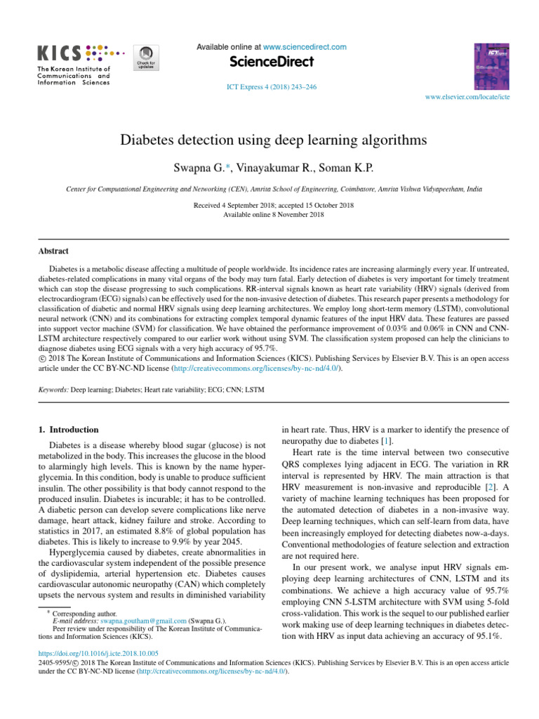 Diabetes Detection Using Deep Learning Algorithms 2018 Pdf Deep
