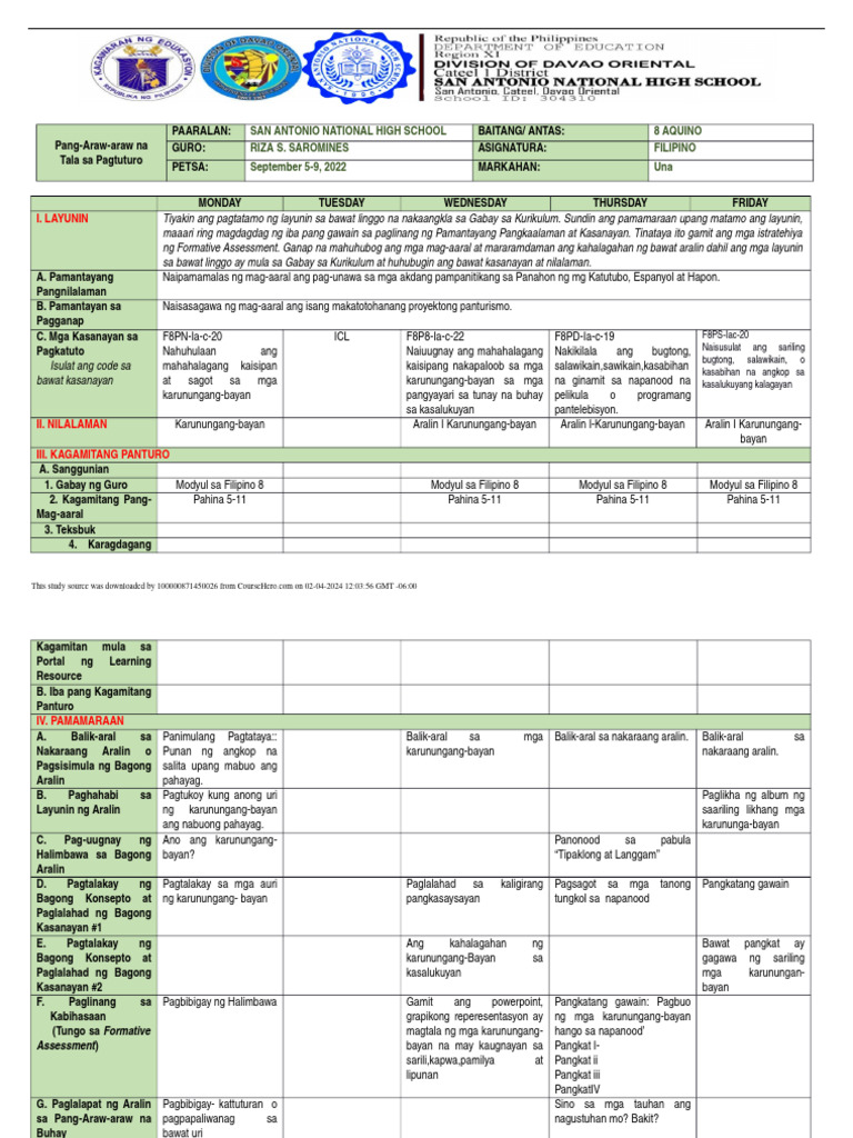 DLL Filipino 8 Week 2 | PDF