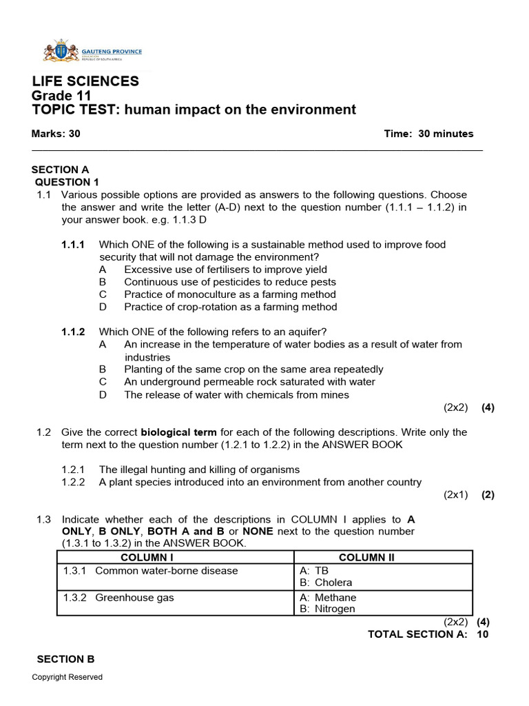 Life Science Topic Tests - Human Impact | PDF | Climate Change ...