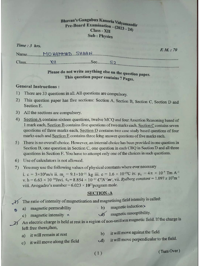 Preboard Physics | PDF