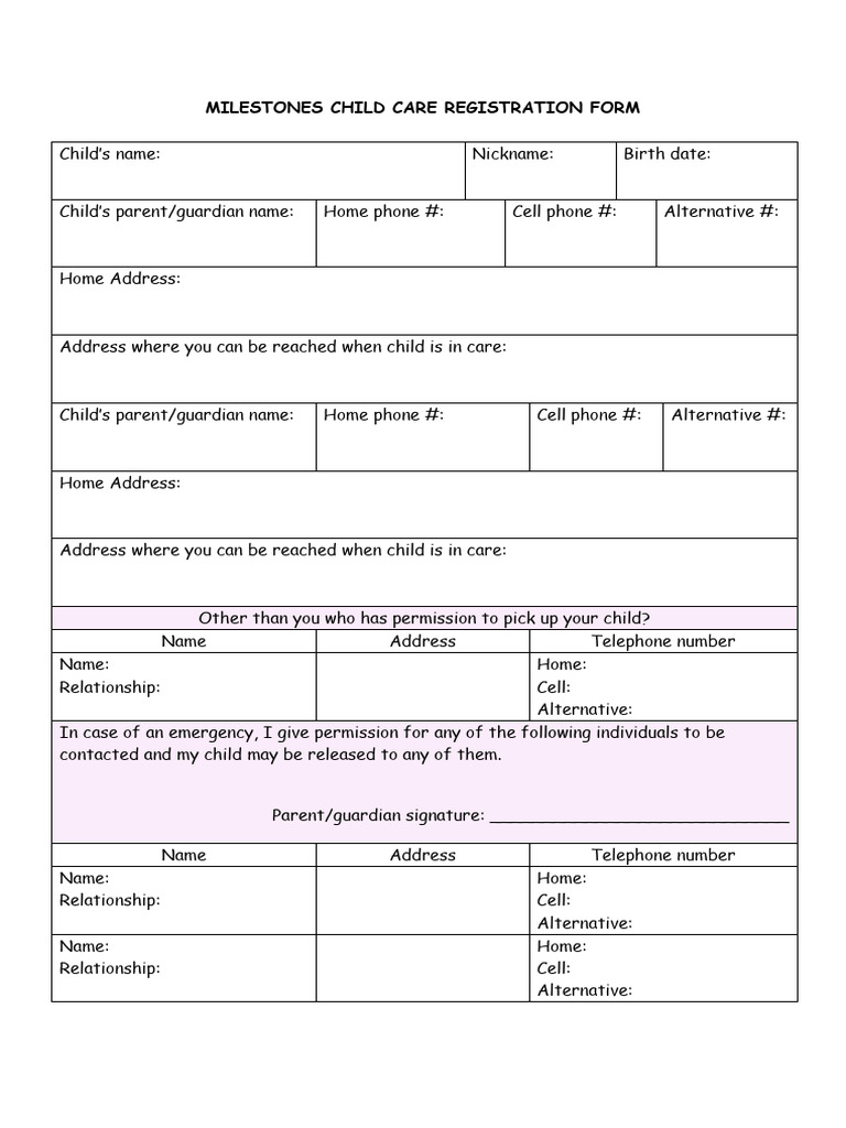 Milestones Child Care Enrollment Form | PDF | Informed Consent | Physician