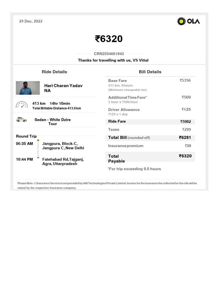 Ola Outstation Bill | PDF