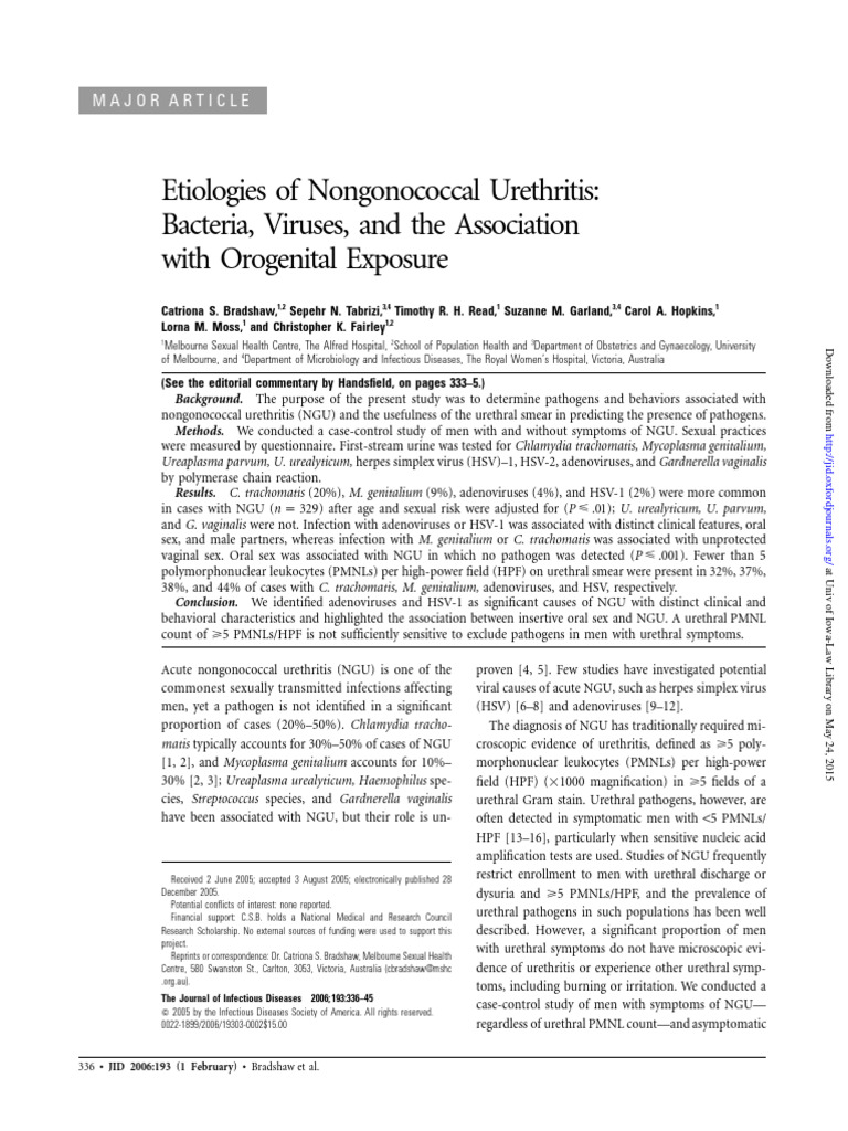 2006 Etiologies of Nongonococcal Urethritis. Bacteria, Viruses, and The ...