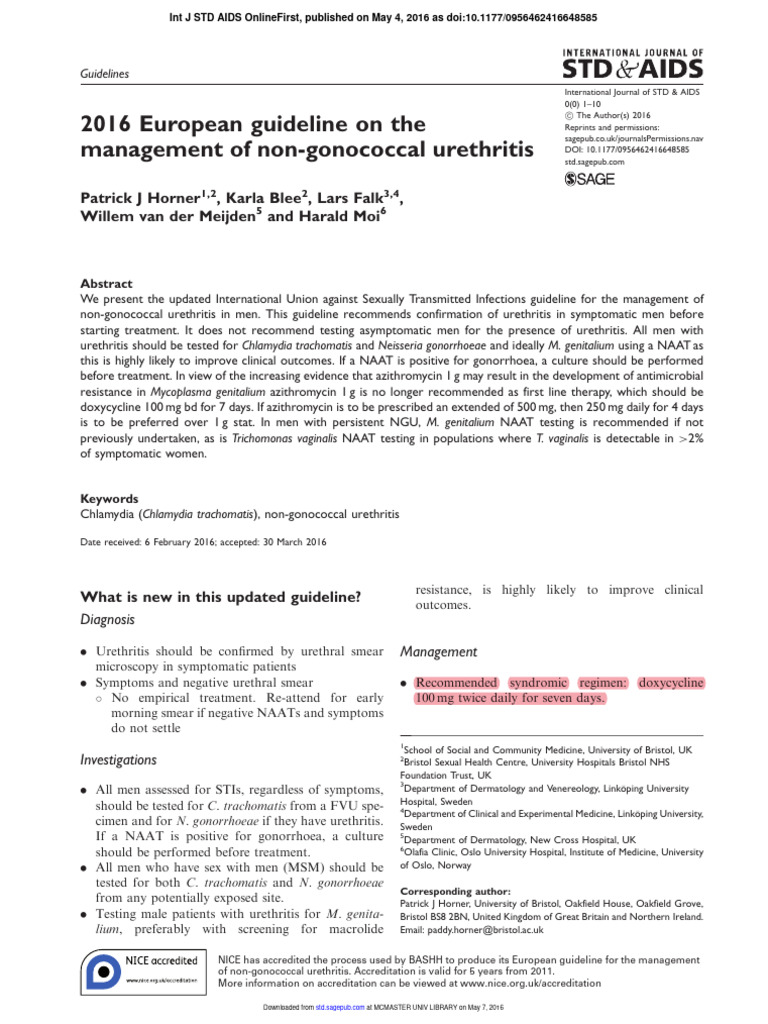 2016 European Guideline On The Management of Non-Gonococcal Urethritis | PDF | Urology | Mycoplasma