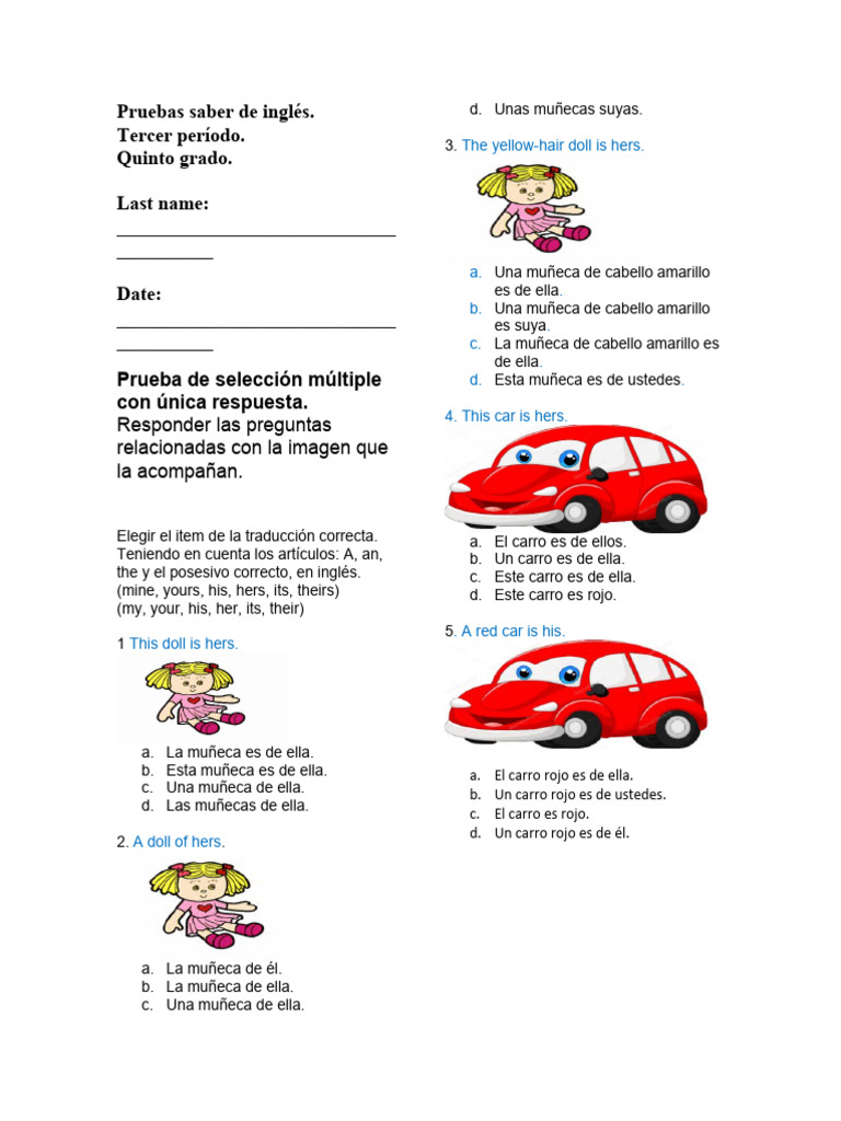 Pruebas Saber de Inglés Quinto Grado. | PDF