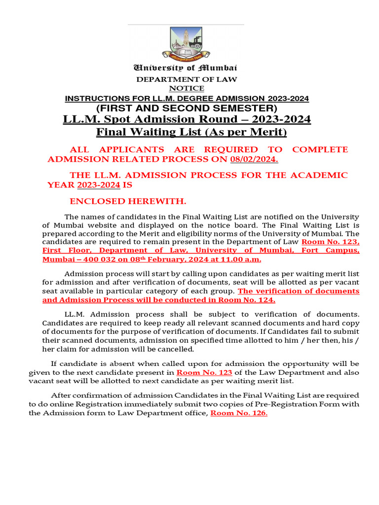 Notice LL.M. Final Waiting List As Per Merit 2023 2024 | PDF | Government Of India | Government