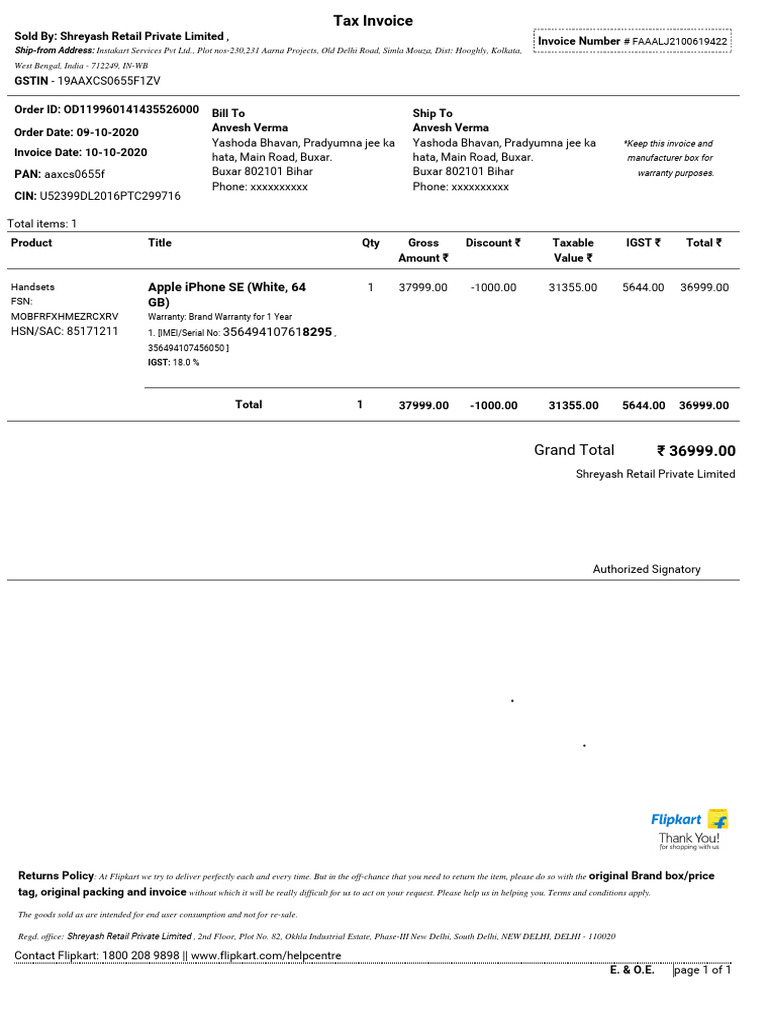 Invoice for Apple iPhone SE Purchase | PDF | Mobile Phones | I Phone