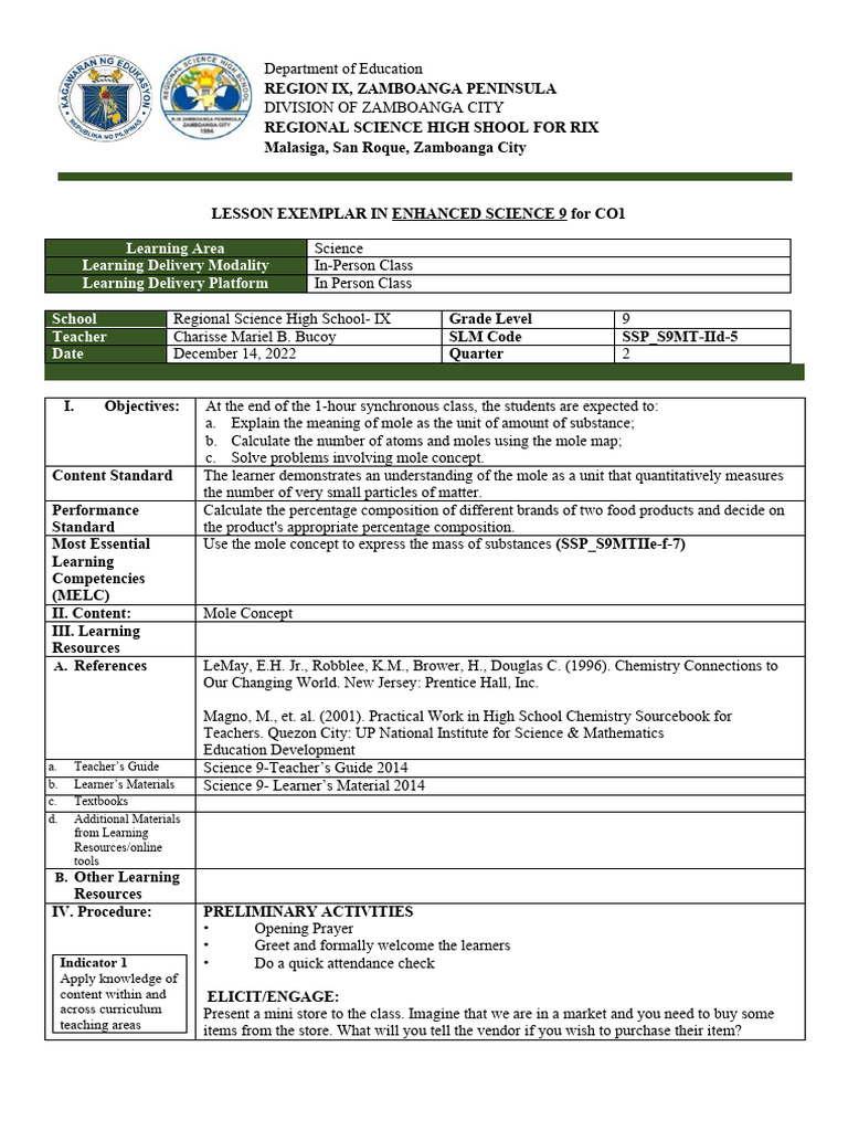 Lesson Exemplar Grade9.CHEMICALBONDING - CO | PDF | Mole (Unit) | Atoms