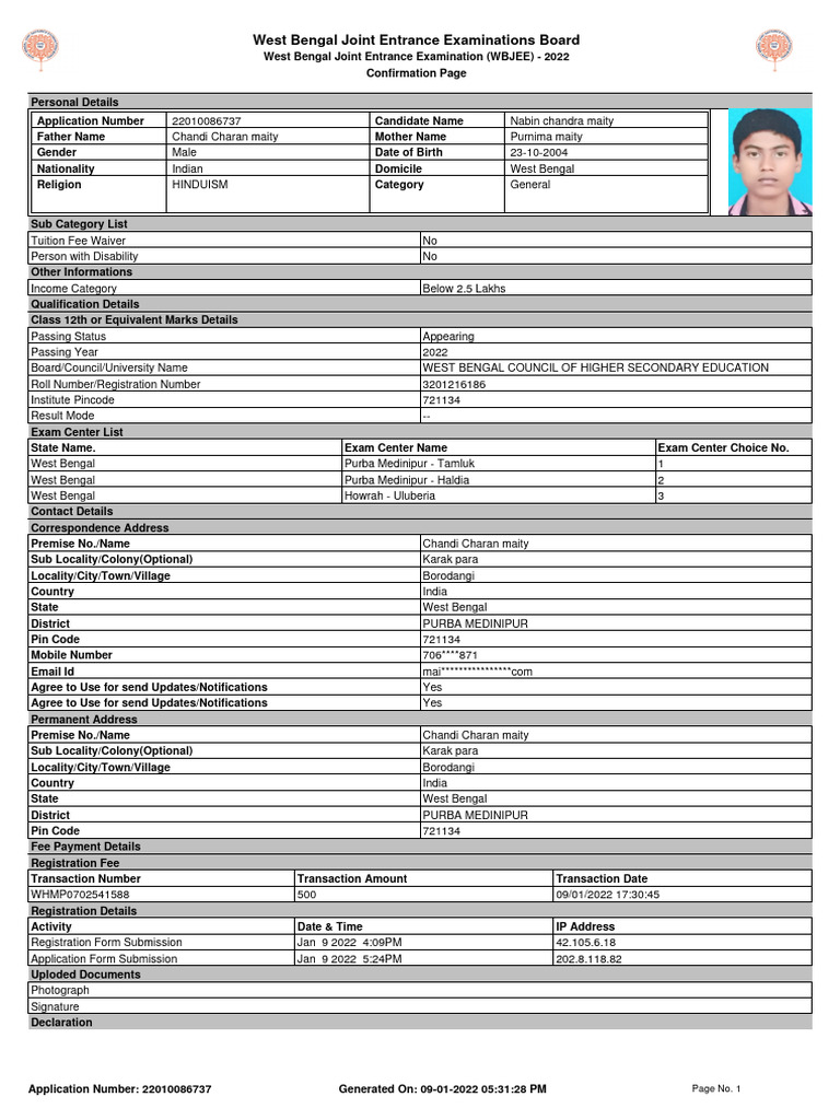 WB Jee Confirmation Certificate | PDF