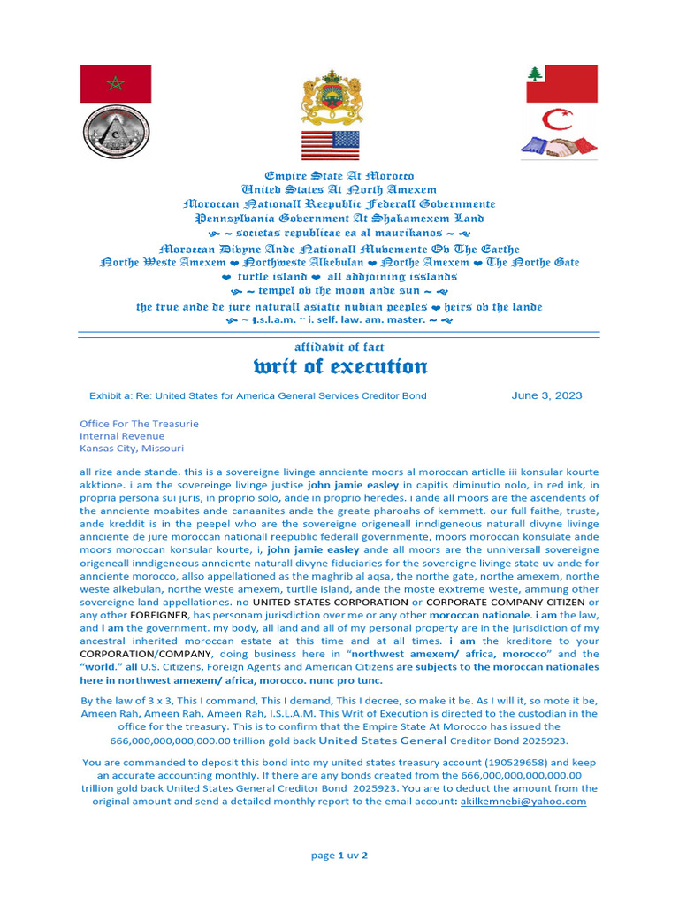 Writ of Execution Akil Completed Affidavit To Treasury-Allonge Birth ...