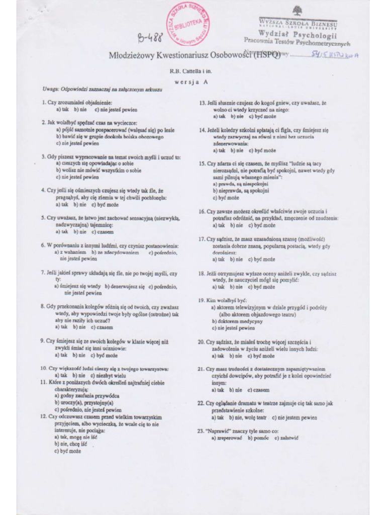 HSPQ Kwestionariusz Pytan | PDF