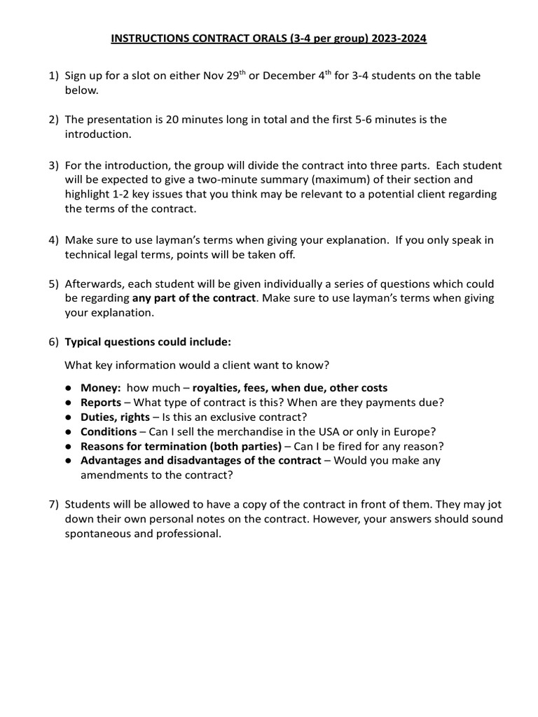 Contract Orals Instructions 2023-2024 | PDF