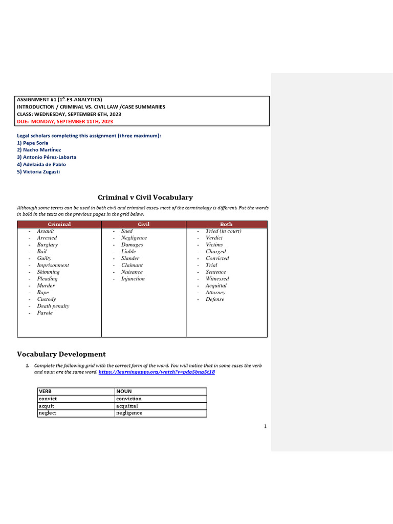 Assignment 1 Criminal vs. Civil Law Sept 6TH, 2023 | PDF | Burden Of ...