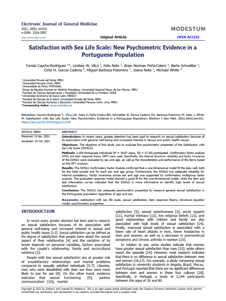 Satisfaction With Sex Life Scale New Psychometric Download Free Pdf Job Satisfaction