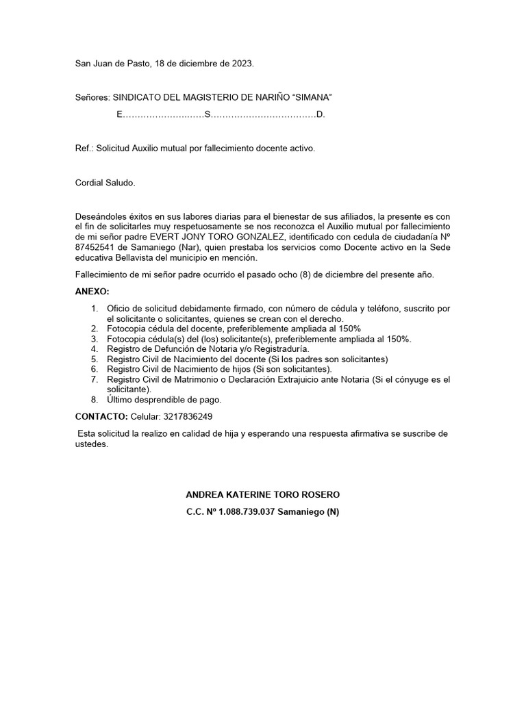 Oficio Auxilio Mutual Fallecimiento Ever Jony | PDF