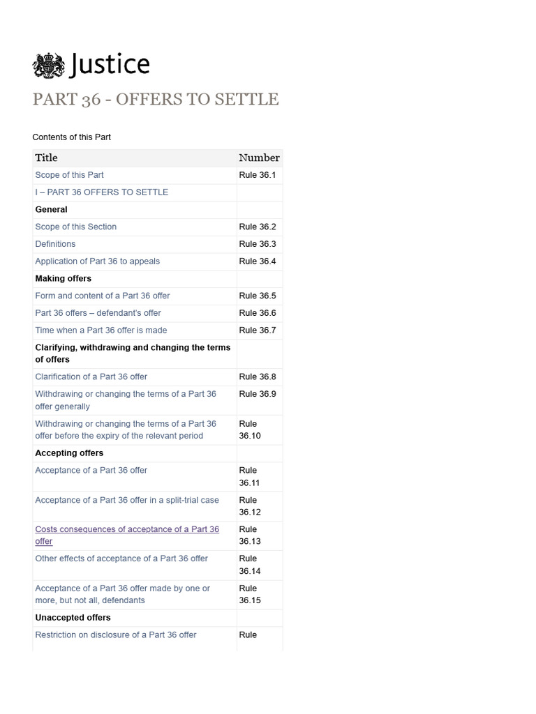 Part 36 - Offers To Settle - Civil Procedure Rules | PDF | Costs In ...