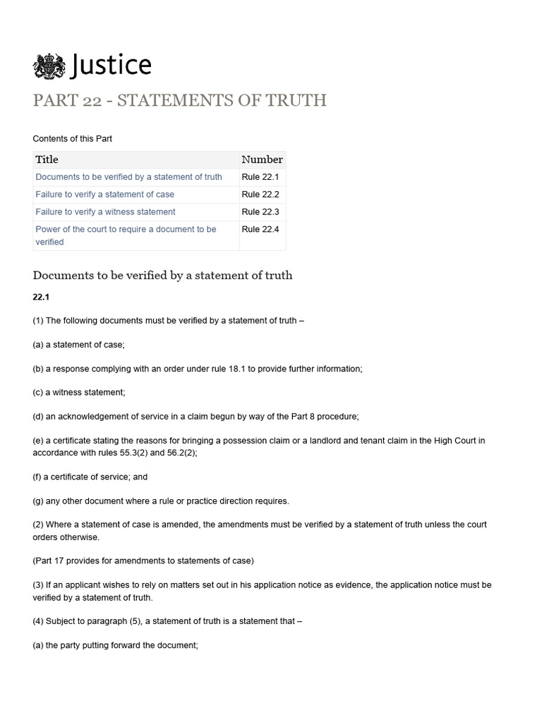 Part 22 - Statements of Truth - Civil Procedure Rules | PDF | Witness ...
