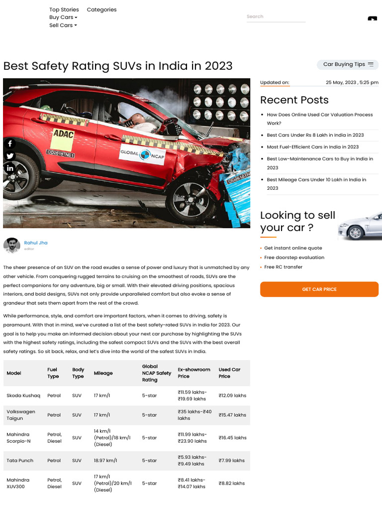 Best Safety Rating SUVs in India in 2023 - Key Specs & Features | PDF ...
