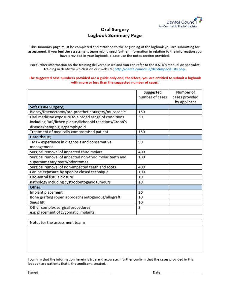 Logbook Summary Page Template Oral Surgery Web | PDF | Surgery | Dental ...