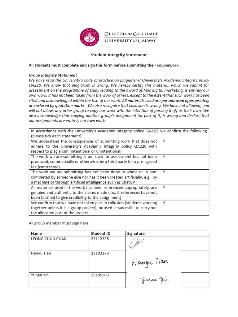 Student Integrity Certification Form | PDF | Plagiarism