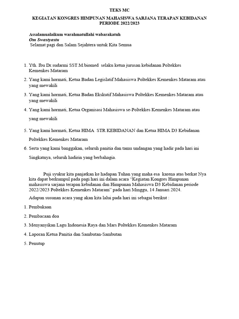 Teks MC Kongres Hima Fixxx | PDF