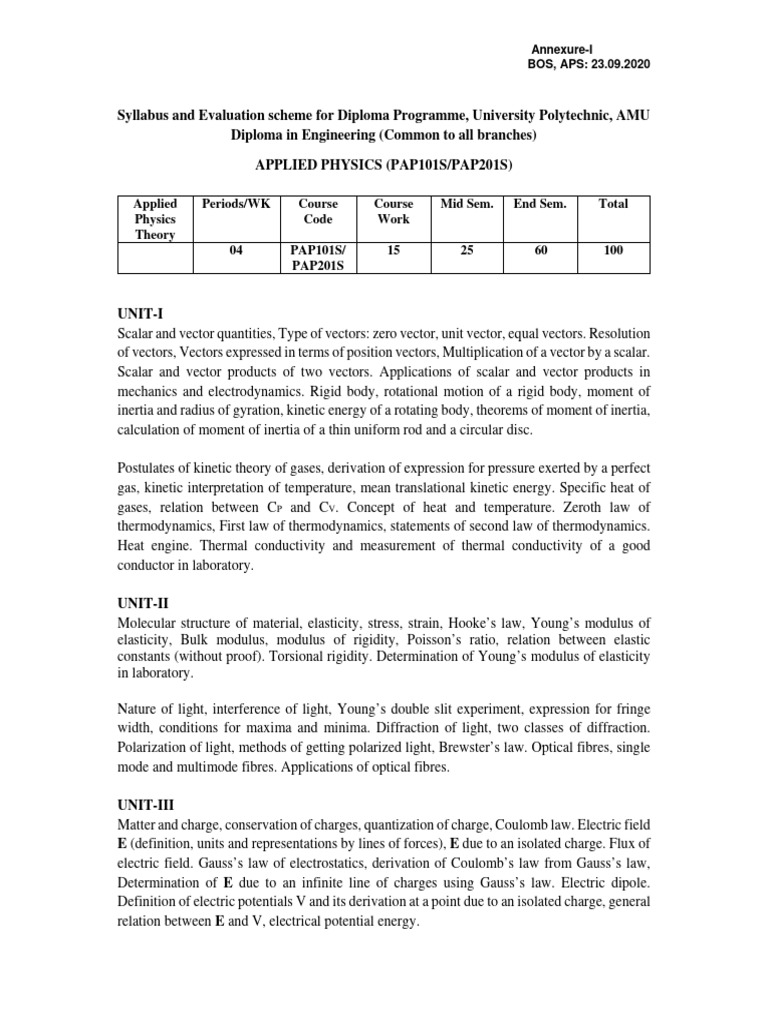 Applied Physics Theory Periods/WK Course Code Course Work Mid Sem. End Sem. Total | PDF ...