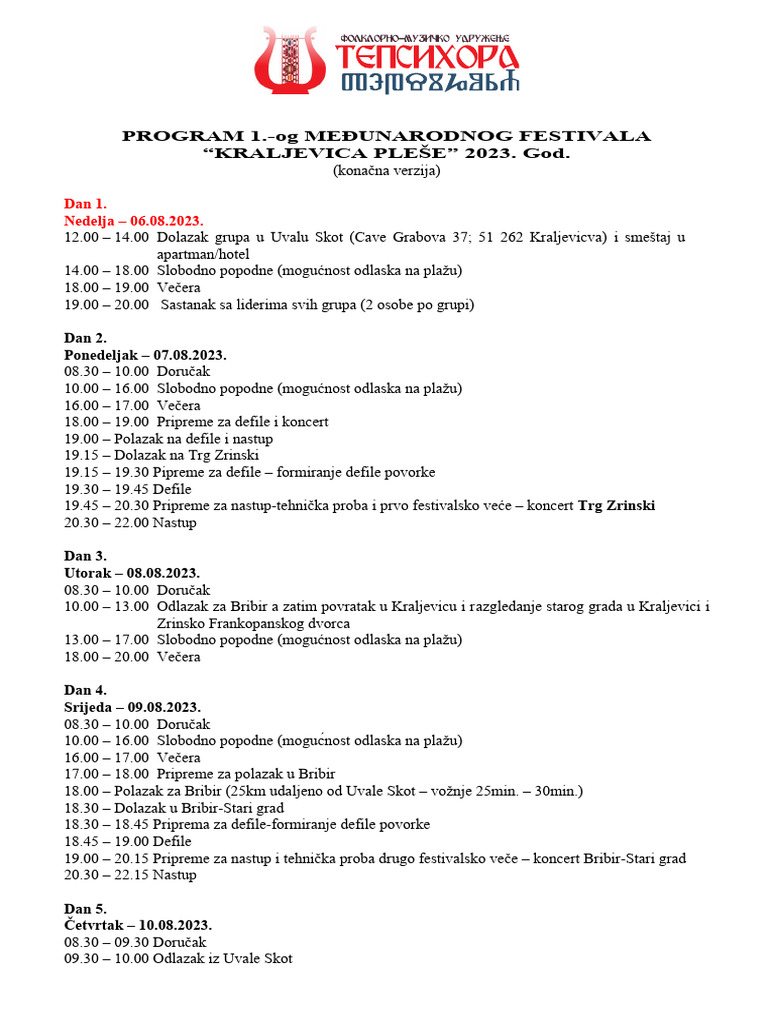 Program Rada Festivala Po Danima 2023. | PDF