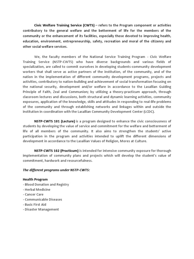 Overview of Civic Welfare Training Service | PDF | Youth | Leadership