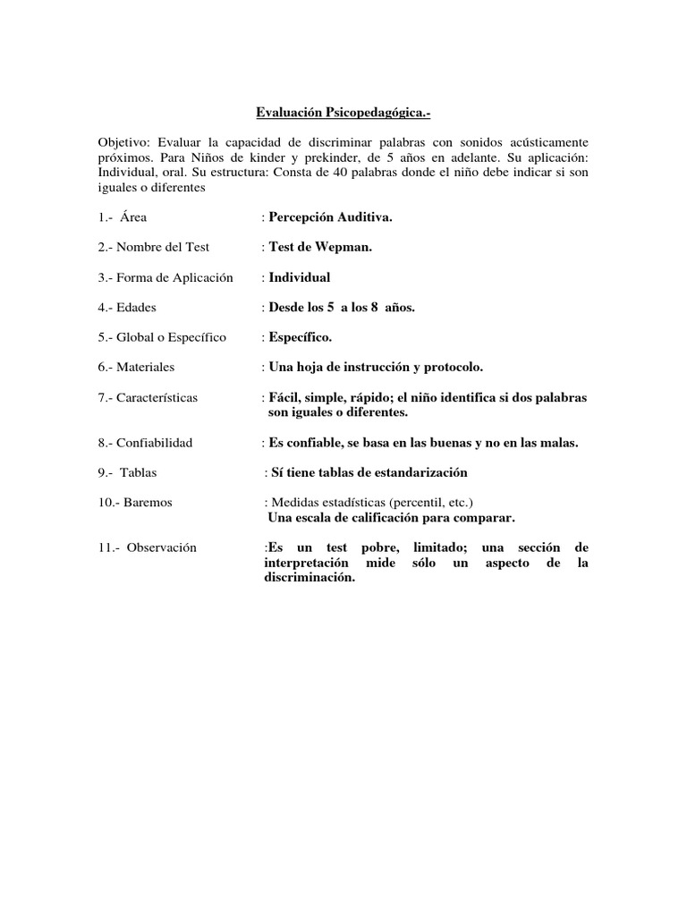 Test de Wepman para Discriminación Auditiva | PDF | Artes del Lenguaje ...