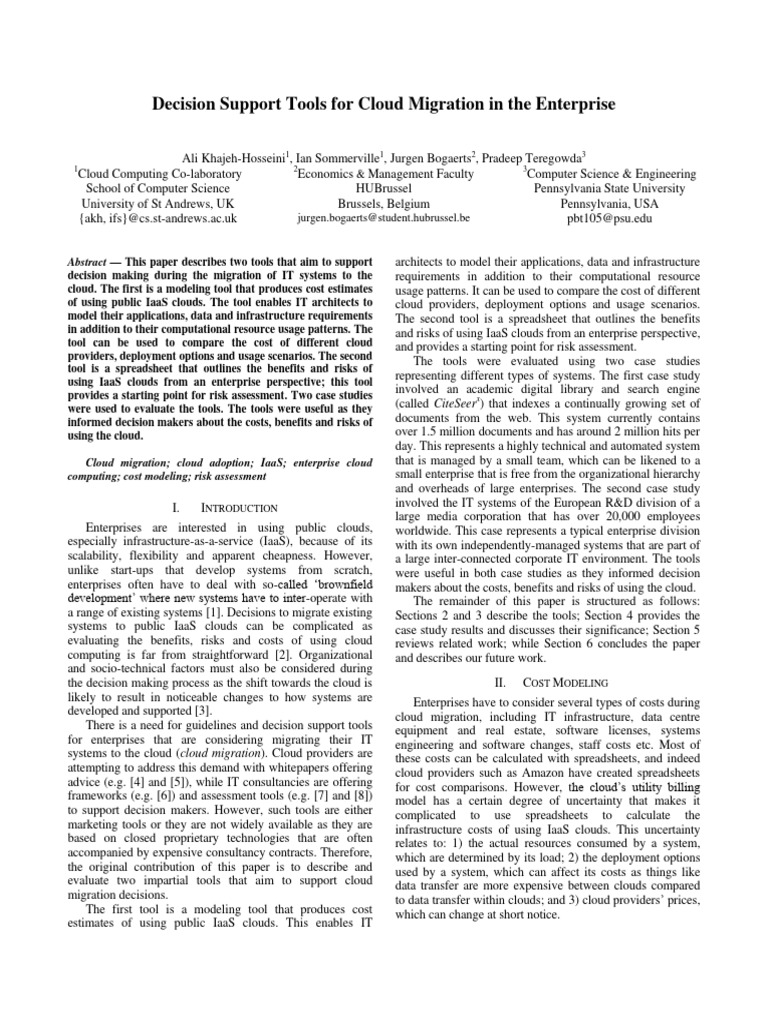 Decision Support Tools For Cloud Migration in The Enterprise | PDF | Cloud Computing | Outsourcing
