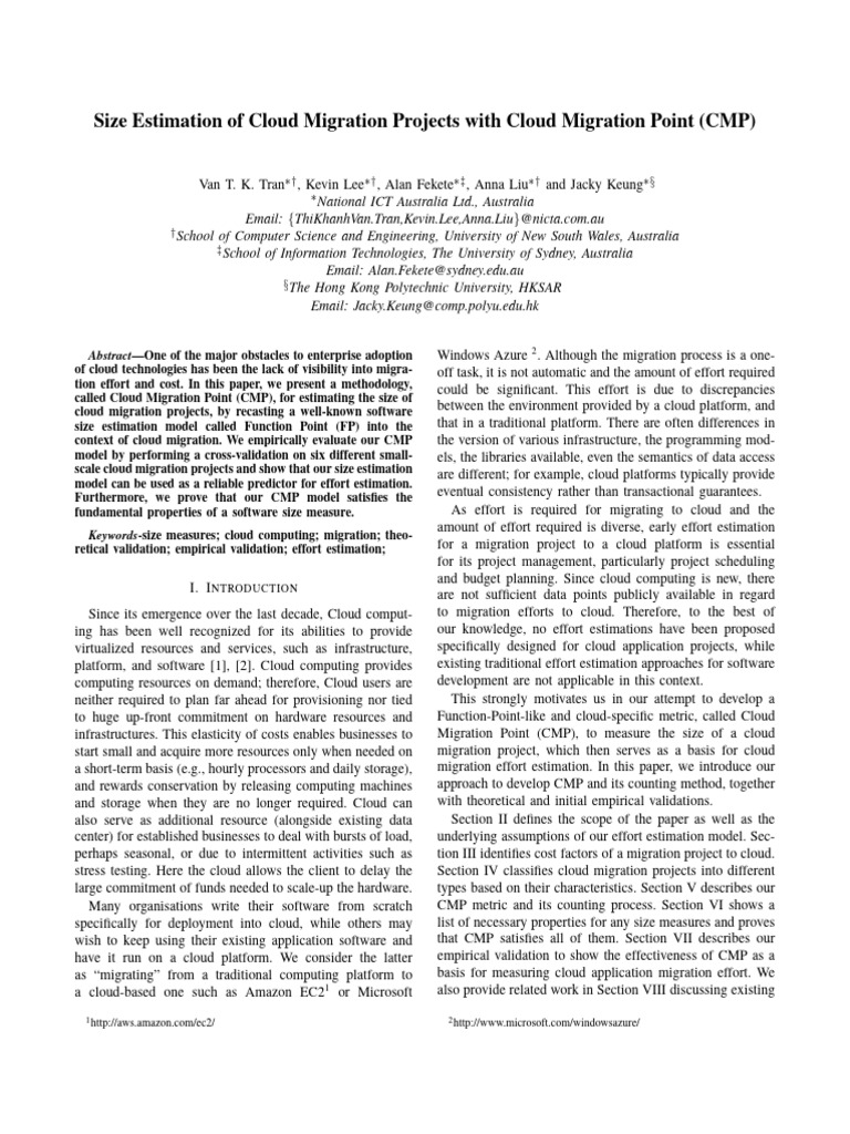 Size Estimation of Cloud Migration Projects With Cloud Migration Point (CMP) | PDF | Cloud ...