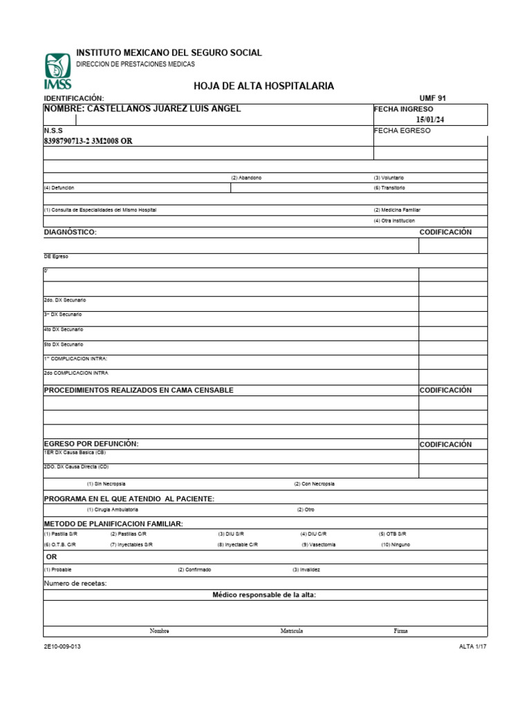 Hoja de Alta Hospitalaria | PDF