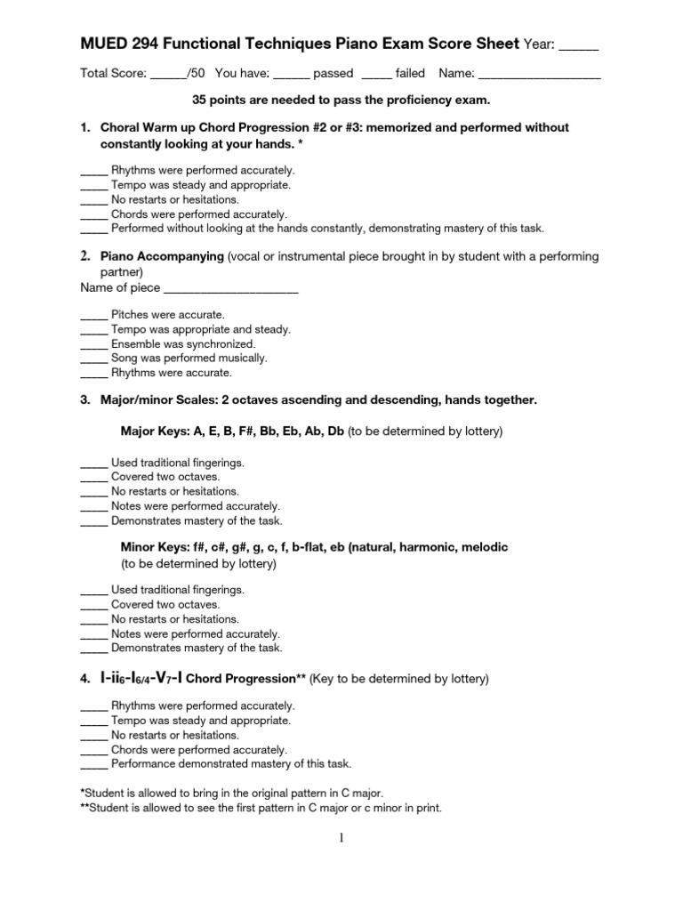 MUED 294 Functional Skills Piano Exam Score Sheet | PDF | Chord (Music ...