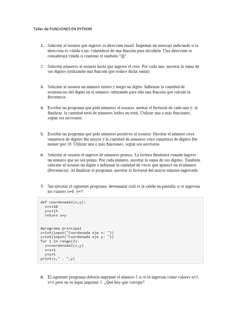 Taller de Funciones en Python | PDF | Python (lenguaje de programación) | Matemáticas