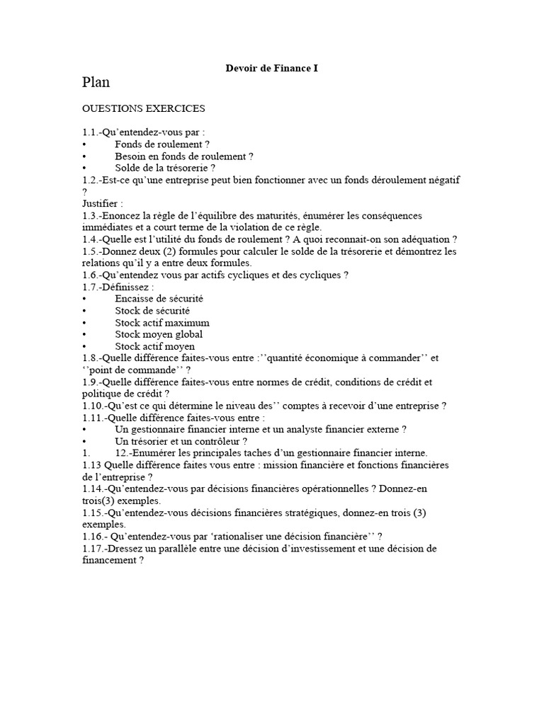 Devoir Finance | PDF | Fonds de roulement | Business