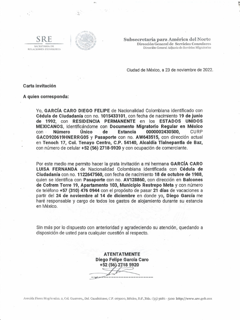 Carta de Invitacion Mexico | PDF