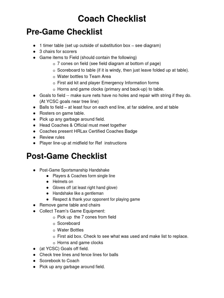 Lacrosse Coaches Pre-Game Checklist | PDF